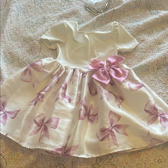 H&M | Dresses | Hmgirls White Dress With Pink Bow Print And Satin ...